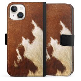 DeinDesign iPhone 14 Handy Klapph&uuml;lle Handyh&uuml;lle aus Kunst Leder schwarz Flip Case Fur Cow Animal Look Sideflip mit Lasche