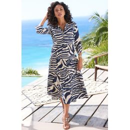 Maxikleid Lascana "mit Animalprint und kurzer Knopfleiste aus Webware, 3/4-&Auml;rmel", Damen, Gr. 34, N-Gr, blau (creme, graublau bedruckt), Web, Obermaterial: 100% Viskose, bedruckt, figurumspielend kn&ouml;chelfrei, Rundhals, mit Riegel gerader Abschluss, Kleider Maxikleid, Sommerkleid in lockerer Passform, Kaftankleid mit weitem Rockteil