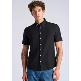 Leinenhemd LINDBERGH "Leinenhemd (Kurzarm) Relaxed Fit", Herren, Gr. L, Normalgr&ouml;&szlig;en, schwarz, Obermaterial: 55% Leinen, 45% Baumwolle, Hemden