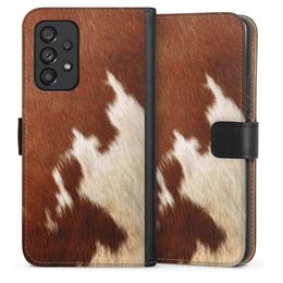 DeinDesign Galaxy A53 5G Handy Klapph&uuml;lle Handyh&uuml;lle aus Kunst Leder schwarz Flip Case Fur Cow Animal Look Sideflip mit langer Lasche