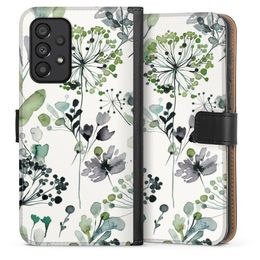 DeinDesign Galaxy A33 5G Handy Klapph&uuml;lle Handyh&uuml;lle aus Kunst Leder schwarz Flip Case Flowers Eukalyptus Water Colour Sideflip mit langer Lasche