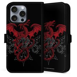 DeinDesign iPhone 16 Pro Max Handy Klapph&uuml;lle Handyh&uuml;lle aus Kunst Leder schwarz Flip Case Red Dragon Gothic Sideflip mit Lasche