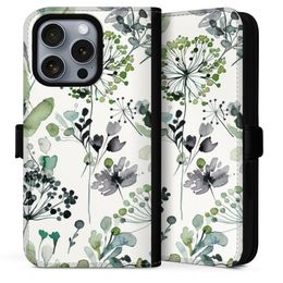 DeinDesign iPhone 16 Pro Max Handy Klapph&uuml;lle Handyh&uuml;lle aus Kunst Leder schwarz Flip Case Flowers Water Colour Eukalyptus Sideflip mit Lasche