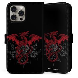 DeinDesign iPhone 16 Pro Handy Klapph&uuml;lle Handyh&uuml;lle aus Kunst Leder schwarz Flip Case Red Dragon Gothic Sideflip mit Lasche