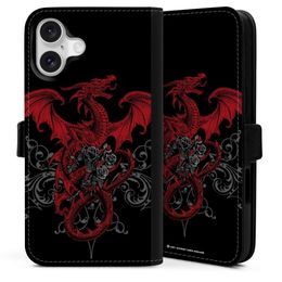 DeinDesign iPhone 16 Plus Handy Klapph&uuml;lle Handyh&uuml;lle aus Kunst Leder schwarz Flip Case Red Dragon Gothic Sideflip mit Lasche