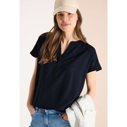 Kurzarmbluse Cecil, Damen, Gr. L (42), universal blau, Stoff, 100% Viskose, unifarben, klassisch normal, V-Ausschnitt, abgesteppt, Blusen, mit V-Ausschnitt