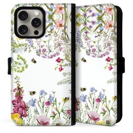 DeinDesign iPhone 16 Pro Handy Klapph&uuml;lle Handyh&uuml;lle aus Kunst Leder schwarz Flip Case Meadow Nature Flowers Sideflip mit Lasche