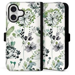 DeinDesign iPhone 16 Handy Klapph&uuml;lle Handyh&uuml;lle aus Kunst Leder schwarz Flip Case Flowers Water Colour Eukalyptus Sideflip mit Lasche