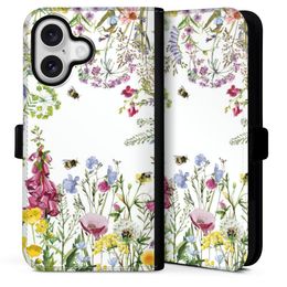 DeinDesign iPhone 16 Handy Klapph&uuml;lle Handyh&uuml;lle aus Kunst Leder schwarz Flip Case Meadow Nature Flowers Sideflip mit Lasche