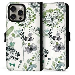 DeinDesign iPhone 16 Pro Handy Klapph&uuml;lle Handyh&uuml;lle aus Kunst Leder schwarz Flip Case Flowers Water Colour Eukalyptus Sideflip mit Lasche