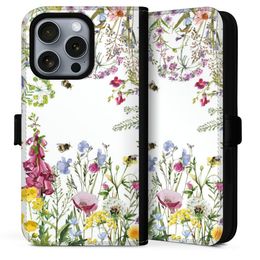 DeinDesign iPhone 16 Pro Max Handy Klapph&uuml;lle Handyh&uuml;lle aus Kunst Leder schwarz Flip Case Meadow Nature Flowers Sideflip mit Lasche