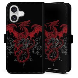 DeinDesign iPhone 16 Handy Klapph&uuml;lle Handyh&uuml;lle aus Kunst Leder schwarz Flip Case Red Dragon Gothic Sideflip mit Lasche