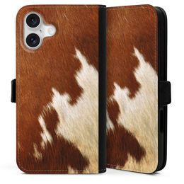DeinDesign iPhone 16 Plus Handy Klapph&uuml;lle Handyh&uuml;lle aus Kunst Leder schwarz Flip Case Fur Cow Animal Look Sideflip mit Lasche