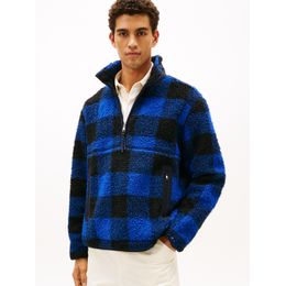 Fleecepullover Tommy Hilfiger "TEDDY FLEECE CHECK PULL OVER", Herren, Gr. XXL, wedge blau, schwarz, Fleece, Obermaterial: 50% Polyacryl, 50% Polyester, gemustert, kariert, mehrfarbig, regular fit normal, Rundhals, eingesetzt gerader Abschluss, Sweatshirts Fleecepullover, Regular fit mit Rundhalsausschnitt
