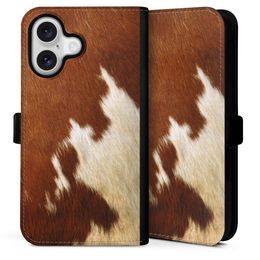 DeinDesign iPhone 16 Handy Klapph&uuml;lle Handyh&uuml;lle aus Kunst Leder schwarz Flip Case Fur Cow Animal Look Sideflip mit Lasche