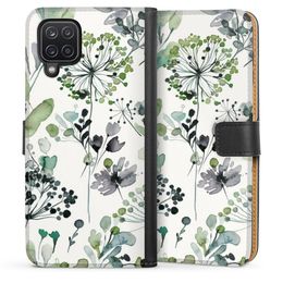 DeinDesign Galaxy A12 Handy Klapph&uuml;lle Handyh&uuml;lle aus Kunst Leder schwarz Flip Case Flowers Eukalyptus Water Colour Sideflip mit langer Lasche