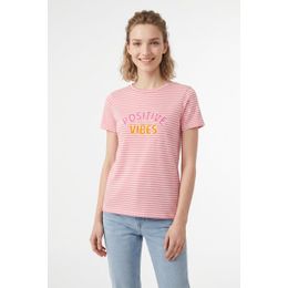 T-Shirt Zwillingsherz "Positive Vibes", Damen, Gr. L, hellrosa, Web, Obermaterial: 95% Viskose, 5% Elasthan, bestickt, geringelt, bequem h&uuml;ftbedeckend, Rundhals, gerader Abschluss, Shirts T-Shirt, gestickter Statement Schriftzug, Rundhals