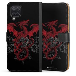 DeinDesign Galaxy A12 Handy Klapph&uuml;lle Handyh&uuml;lle aus Kunst Leder schwarz Flip Case Red Dragon Gothic Sideflip mit langer Lasche