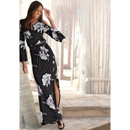 Maxikleid Lascana "mit Blumenprint und Schulter-Cut-Outs, 3/4-&Auml;rmel", Damen, Gr. 34, N-Gr, schwarz-wei&szlig; (schwarz, creme, bedruckt), Jersey, Obermaterial: 100% Viskose, bedruckt, gebl&uuml;mt, figurumspielend bodenlang, Rundhals, Volant, Kleider Maxikleid, Sommerkleid mit hohem Schlitz, softes Jerseykleid, Viskosekleid