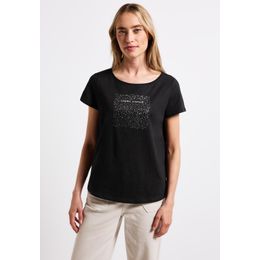 T-Shirt Street One, Damen, Gr. 34, schwarz, Web, 100% Baumwolle, unifarben, normal normal, Rundhals, abgesteppt, Shirts T-Shirt, farbig