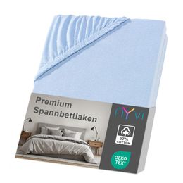 NYVI Spannbettlaken DreamScience Premium - Komfort Spannbetttuch, 190g/m&sup2;, Einlaufschutz, B&uuml;gelfrei, mit Gummizug Farbe:hellblau;Gr&ouml;&szlig;e:180 - 200x220 + 40 cm Boxspringbett