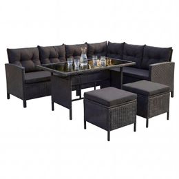 Inspinovia Polyrattan Gartenm&ouml;bel Lounge TERA Schwarz/Schwarz - Sofa, Tisch, Hocker & Kissen - 7 Personen