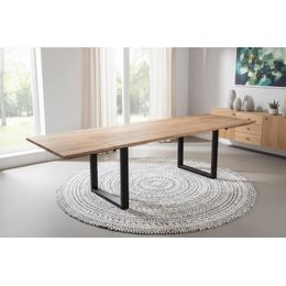 Esstisch Baumkante Akazie natur 180(280)x90 Ansteckplatten U-Gestell schwarz AVINO