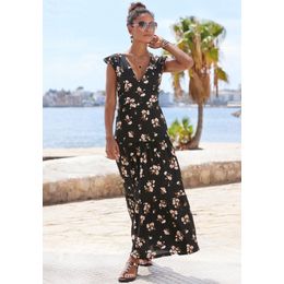 Vivance Damen Maxikleid, schwarz-koralle bedruckt, Gr&ouml;&szlig;e 34