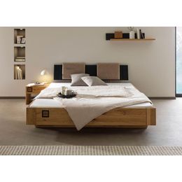 Bett inkl. Nachttisch links und Kopfteilkissen taupe Wildeiche 180x200x86 natur ge&ouml;lt/lackiert KITZB&Uuml;HEL #266