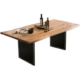 Baumkantentisch Sit, beige (natur, schwarz, schwarz, natur), B:160cm H:75,6cm T:85cm, Akazie massiv, Metall, Tische, gebeizt, lackiert und gewachst