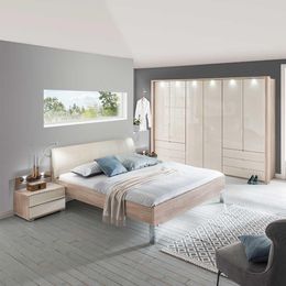 Pharao24.de Schlafzimmer Set in Eiche S&auml;gerau Cremefarben mit Glas beschichtet (vierteilig)