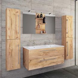 Pharao24.de Badm&ouml;bel Set Honig-Wildeiche melaminbeschichtet modernem Design (vierteilig)