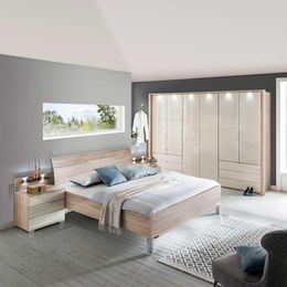 Pharao24.de Schlafzimmer Komplett in Cremewei&szlig; und Eiche S&auml;gerau glasbeschichtet (vierteilig)