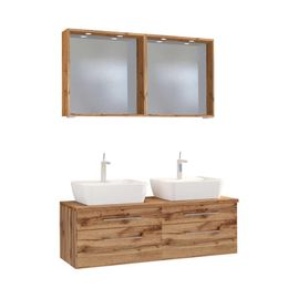 Pharao24.de Waschplatz Set mit Doppelwachtisch 2 LED Spiegeln (dreiteilig)