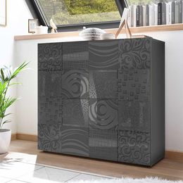 Pharao24.de Griffloses Highboard in Anthrazit Hochglanz Siebdruck verziert