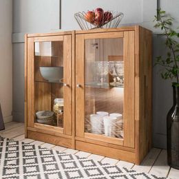 Pharao24.de Esszimmer Vitrine aus Wildeiche Massivholz LED Beleuchtung