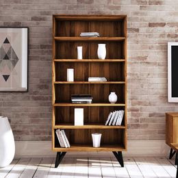 Pharao24.de Wohnzimmer Regal aus Wildeiche Massivholz und Stahl 185 cm hoch