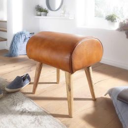 Pharao24.de Holzhocker mit Echtleder Sitzfl&auml;che in Cognac Braun rustikalen Landhausstil