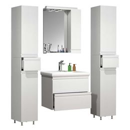 Pharao24.de Wei&szlig;es Badm&ouml;belset mit Becken in modernem Design 180 cm hoch (vierteilig)