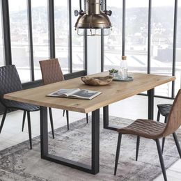 Pharao24.de Baumkanten Esstisch aus Wildeiche Massivholz und Stahl Loft Design