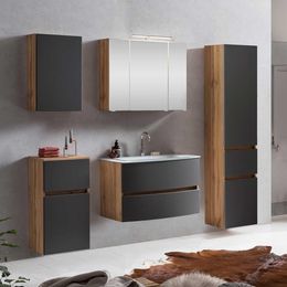 Pharao24.de Design Badm&ouml;bel Set in Grau und Wildeichefarben LED Beleuchtung (f&uuml;nfteilig)