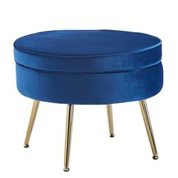 Pharao24.de Polsterhocker Samt Blau mit Vierfu&szlig;gestell aus Metall Goldfarben