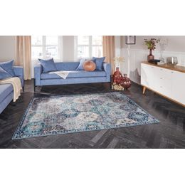 Teppich ELLE DECORATION "Kashmir Ghom" Gr. 32, blau (denim), B:120cm H:5mm L:160cm, Polyester, Teppiche, Teppich, Orientalisch, L&auml;ufer, Kurzflor, Vintage, Wohnzimmer, Schlafzimmer