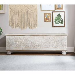Pharao24.de Holztruhe Truhe aus Mangobaum Massivholz White Wash in Mangoholz Naturfarben 150x60x50 cm Vintage Pharao24