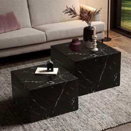 Pharao24.de Wohnzimmertisch Set in Schwarz Marmor Optik Block-Form (zweiteilig)