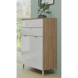 Pharao24.de Badezimmer Kommode in Wei&szlig; Hochglanz und Wildeiche Optik 60 cm breit