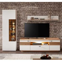 Pharao24.de Wohnzimmerwand modern in Wei&szlig; und Wildeichefarben 201 cm hoch (dreiteilig)