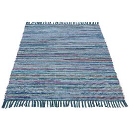 Teppich CarpetFine "Kelim Chindi, Wendeteppich", blau, B:200cm H:6mm L:290cm, Baumwolle, Polyester, Teppiche, Teppich, handgewebt, Fleckerlteppich mit Fransen, auch vielen in L&auml;ufergr&ouml;&szlig;en