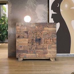 Pharao24.de Kommode Massivholz Holzkommode mit Ornament Muster und Vierfu&szlig;gestell