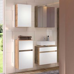 Pharao24.de Badm&ouml;bel Set in Wei&szlig; und Wildeiche Optik Stand- und Wandmontage (vierteilig)
